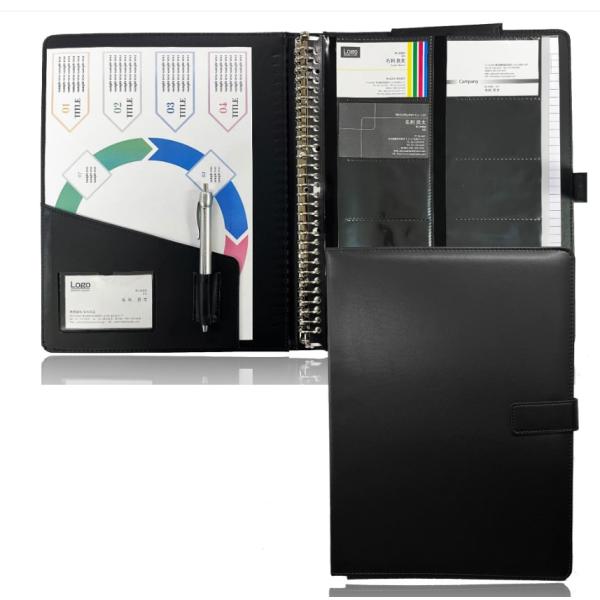 お客様との商談時やプレゼンテーションの時などに活躍します自分の名刺はもちろん、お客様の名刺を20枚収納するスペースもあります、必要な資料をファイリングでき、ルーズリーフだから簡単に入れ替え可能、最大40枚まで資料を収めることが出来るA4ルー...