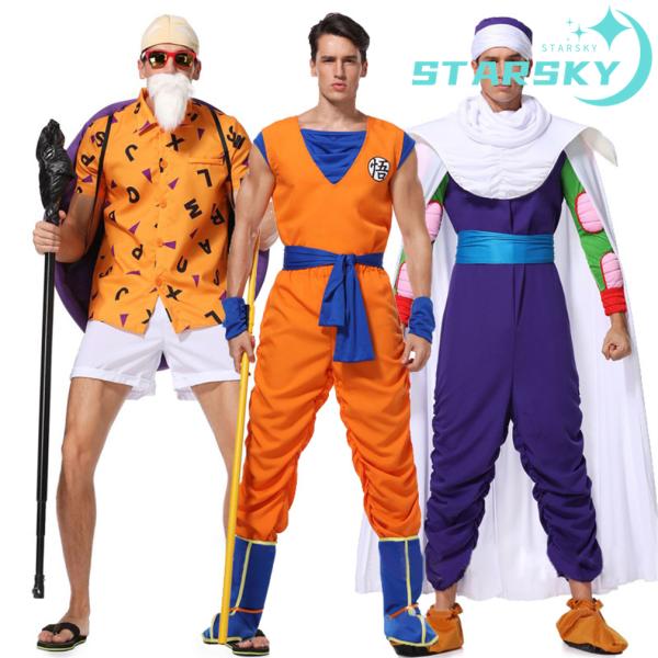 【商品状態新品未使用品【セット内容】孫悟空 ：上着、ズボン、ベルト 腕カバー、足カバービックロ： マント，全身タイツ，帽子、襟、足カバー亀仙人： 坊主頭カバー，髭、サングラス 上着、ズボン 甲【サイズ】孫悟空M 　バスト　107CM　ウエス...