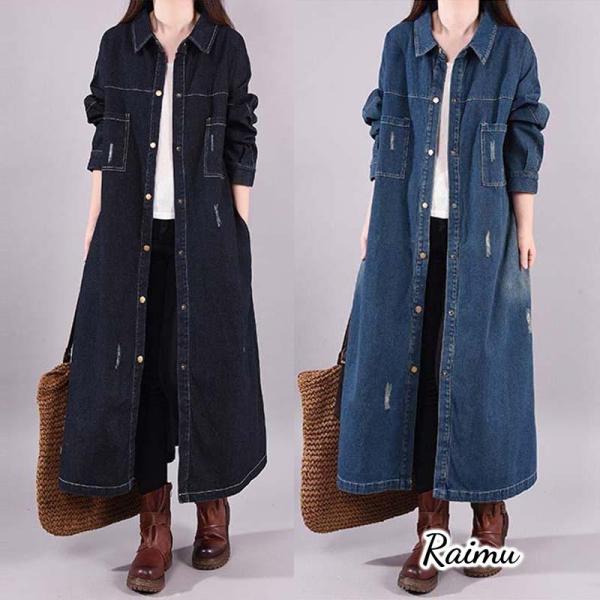 【素材】：ポリエステル【カラー】：写真色【サイズ】：（約）L:*着丈：110 *バスト112XL:*着丈：111 *バスト118連携キーワード：デニムワンピース レディース 40代 きれいめ ロングワンピース 春秋 長袖 ワンピース ゆった...