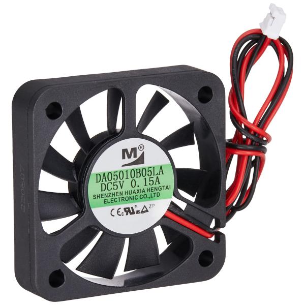 【商品概要】サイズ50mm×50mm×厚さ10mm。定格電圧5V。動作電圧範囲4.0〜5.5V。定格電流値0.08A、入力電流値0.15A。回転数4000rpm。風量7.51FM。静圧1.55mmH2O。騒音値28.7db。軸受構造 2ボー...