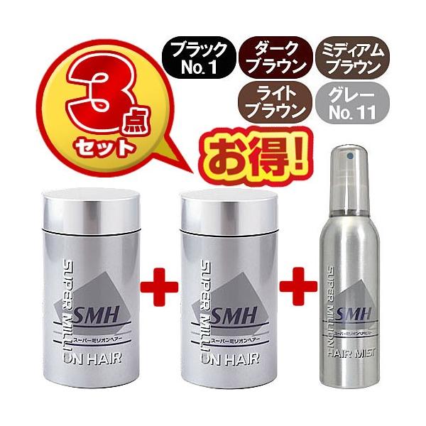 【セット内容】●スーパーミリオンヘアー30g / 2個●スーパーミリオンヘアミスト 100ml / 1本【商品の特長】1. 洗髪すれば簡単に落とせます。2. 植物系繊維のため地肌・髪にやさしく、安心してご使用いただけます。3. 0.3〜0....