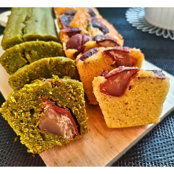 原材料:【和栗のパウンドケーキ】栗(愛媛県産)、砂糖、卵、アーモンドパウダー、バター、小麦粉、蜂蜜、ラム酒、塩/膨張剤、(一部に卵・乳成分・小麦・アーモンドを含む)【和栗と抹茶のパウンドケーキ】砂糖(国内製造)、栗(愛媛県産)、卵、アーモン...