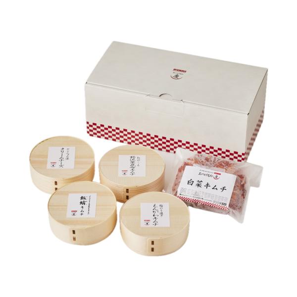 内容量:王道白菜キムチ 200g、脂のりすぎえんがわキムチ 90g、ヤンニョムクリームチーズ 80g、野沢菜昆布ねば〜るキムチ 100g、飯蛸キムチ 100g温度帯:冷蔵アレルギー表示:小麦、乳成分、大豆、いか、りんご、もも、ごまメーカー名...
