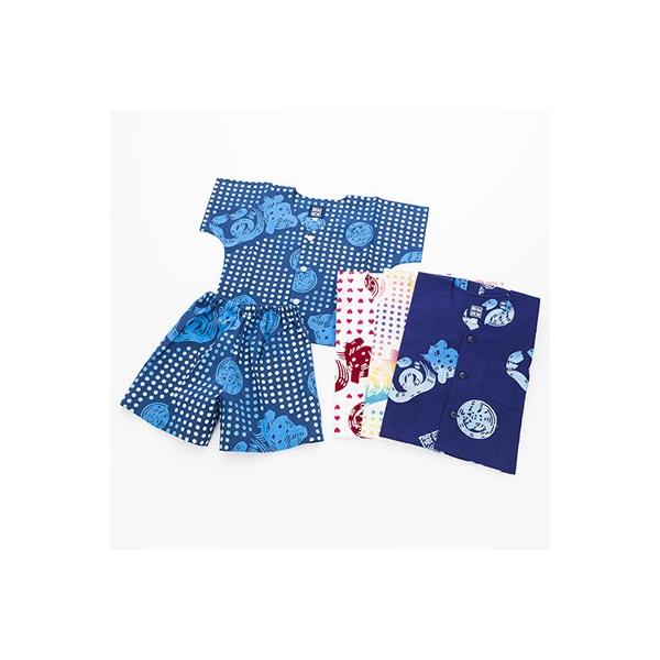 【「紺地×青水玉絞り」「白地×ピンクハート絞り」「ベージュ地×水玉レインボー」「紺地×ブルー」4種から選べるキッズ向け魚河岸シャツです。】静岡県焼津市にある老舗呉服店の油屋呉服店製作の「魚河岸シャツキッズ上下セット」です。魚の町・焼津で昔か...