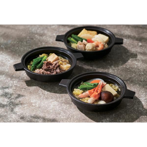 「彩り小鍋詰合せ」　出汁のきいた食べきりサイズの鍋セットです。電子レンジで温めるだけで、熱々のお鍋がお楽しみいただけます。　G0002_25_07