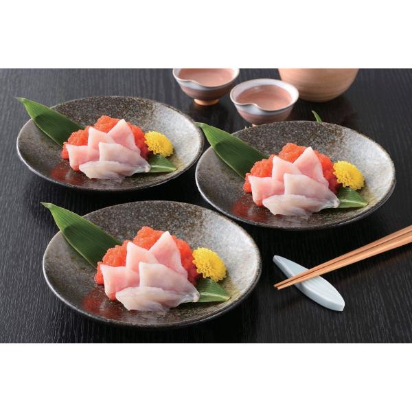 「関とら本店海峡一膳 とらふぐ明太子」　ふぐのお刺身で明太子を巻いてお召し上がるほか、ご飯にのせて丼の具に、また生茶漬けとしてお楽しみいただけます。　G0002_26_01