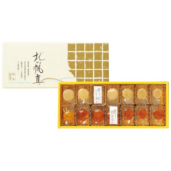 「しんや　北の帆立14粒」　滋味豊かな帆立を上質の植物油に漬けた「帆立燻油漬」や、柔らかな食感の「ソフト貝柱」、帆立の旨みが存分に味わえる詰合せです。　G0005_25_10