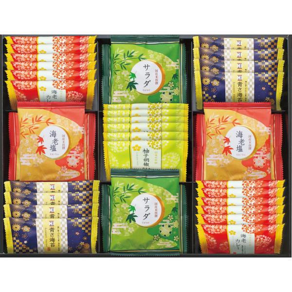 「金澤兼六製菓　おいしさいろいろ ＲＧＮ−４０Ｒ」　国産米１００％にこだわりました。磯の香りひろがる青さ煎餅と、柚子が香るスパイシーな柚子胡椒煎餅、海老とカレーが癖になる海老カレー煎餅、サクッとソフトなサラダ煎餅、焼き上げた海老が香ばしい厚...