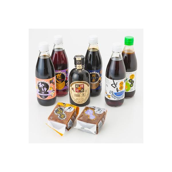 【「杉樽仕込醤油」「再仕込さしみ醤油」「めんつゆ」「柚子ポン酢」「だし醤油」「かけ醤油」「しょうゆの実」「ちりめんひしお」のセットです。】大正10年（1921年）に創業した松山市北部の北条地区にある忽那醸造。高縄山系の豊かな水の恵みを生かし...