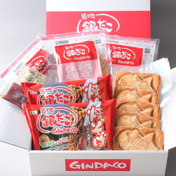 「築地銀だこ バラエティーギフトセット」は、築地銀だこの人気商品をご家庭でもお楽しみいただけるギフトセットにアレンジした詰め合わせです。屋台を楽しむような、3種（もちチーズお好み焼・焼そば・クロワッサンたい焼）のバラエティ豊かな商品をお届け...