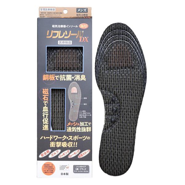 「リフレソール5層」は、フェライトと銅板の入った磁気治療器インソールです。磁石の力で足の裏から血行を促進し、銅板が放つ銅イオンがいやなにおいの元となる雑菌を殺菌する為消臭効果をもたらします。サラン素材でメッシュ加工されているので通気性があり...