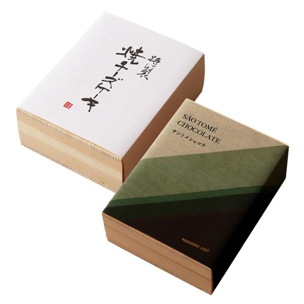 武蔵野茶房がお届けする、お店で人気の「特製焼チーズケーキ」と、”濃厚さ”と”口溶け感”をとことん追求したチョコレートケーキ「サントメショコラ」をセットにした木箱入ギフトです。＜特製焼チーズケーキ＞チーズ配合率約70％の特別感、スッと溶けてし...