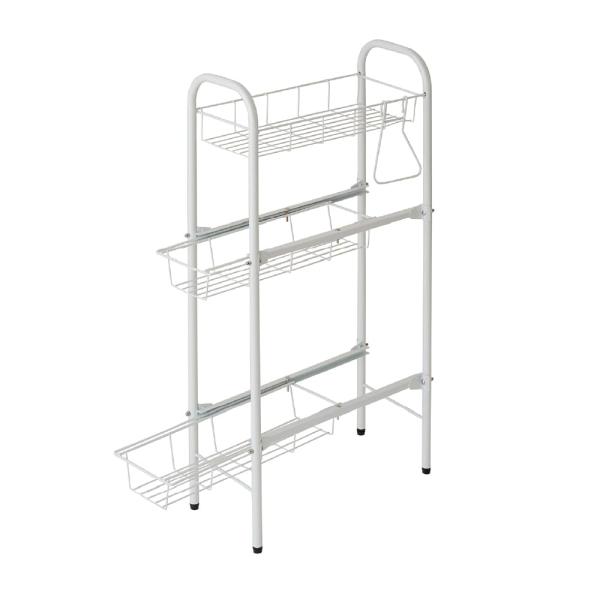 【商品概要】【サイズ】幅20(タオル掛け込み約22)×奥行43×高77cm【耐荷重】9kg(上部固定棚4kg / 引き出し棚1段当り2.5kg) 【本体重量】2.2kg【材質】〈パイプ・棚〉鉄・エポキシ樹脂粉体塗装 〈ねじ類〉鉄メッキ仕上げ...