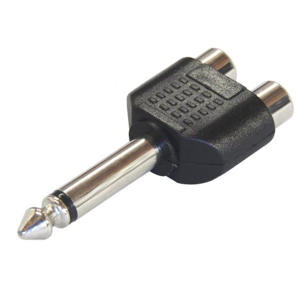 【商品概要】6.3mmモノラル標準プラグ-RCA（ピン）プラグ×2（モノラル×2）　変換プラグ片側：6.3ｍｍモノラル標準（フォン）プラグ（オス）片側：RCA（ピン）ジャック（メス）×2（モノラル×2）RoHS指令対応必ず分配方向(モノラル...