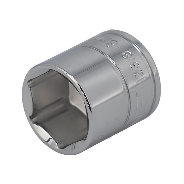 【商品概要】●サイズ(mm)：18●全長(mm)：26.0●ソケット外径(D1先端部；mm)：25●ソケット外径(D2差込部；mm)：25●ソケット深さ(ｅ；mm)：15●ミラー仕上げのメッキが美しいスタンダードソケット。●ボルト・ナットを...