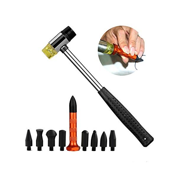 【商品概要】キット内容：ゴムハンマー(hammer)１つ、ノックダウン(Knockdown)ペン型の棒9ヘッド，メタル本体のサイズ：66ｍｍ；先端サイズ：26ｍｍ、先端は9種形があって、異なる大小の凹みと凸所を修理できます。〔注意事項：お客...