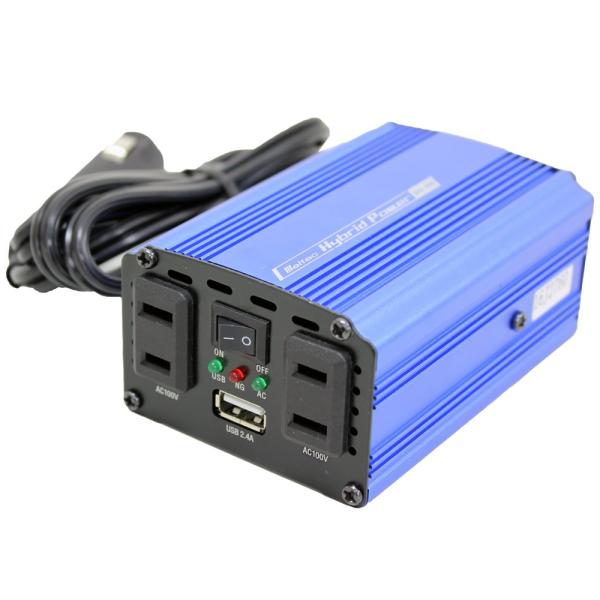 【商品概要】●本体サイズ:約70(W)×47(H)×111(D)mm 重さ:370g●入力電圧:DC12V●出力電圧:AC100V(ACコンセント×2口)●定格出力:120W●最大瞬間出力:150W●変換効率:75%●保護回路(出力停止):...