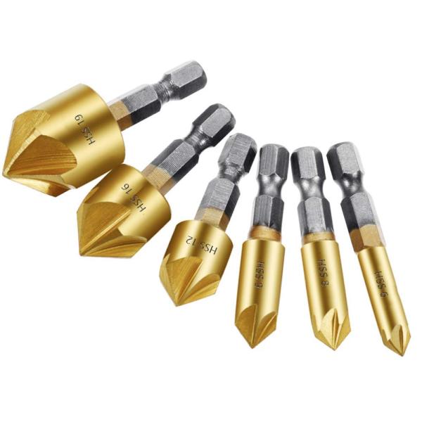 【商品概要】【6種類サイズ】各種仕様:6mm、8mm、9mm、12mm、16mm、19mm【プレミアムクオリティ】カウンターシンクは、高硬度と靭性を兼ね備える高品質の高速鋼製です。チタンによってコーティングされ、防錆を保障し、長い耐用年数を...
