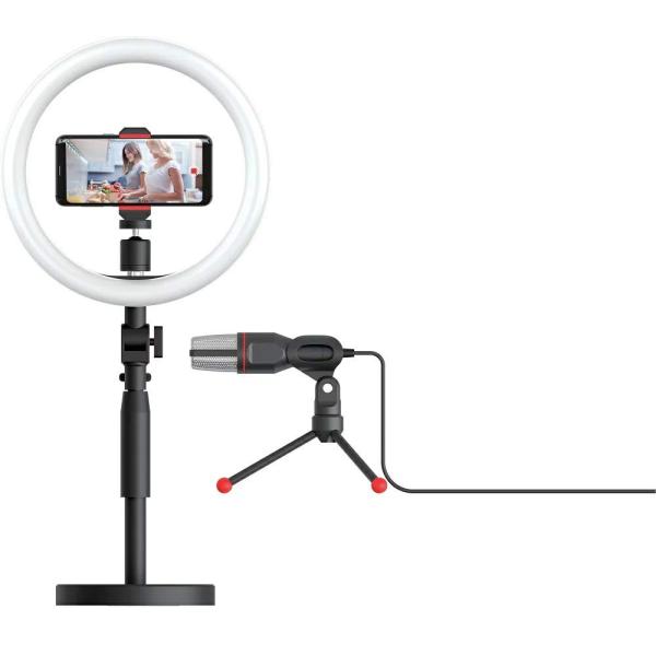 【商品概要】スマートフォンを使用した動画配信に!!※マイクはスマートフォンのみ対応となります。1年保証。スマートフォンホルダー:56mm〜98mm、LEDリングフィルライト(明るさ：10段階、色：暖色、ミックス、寒色)、 3.5mm 4極ミ...
