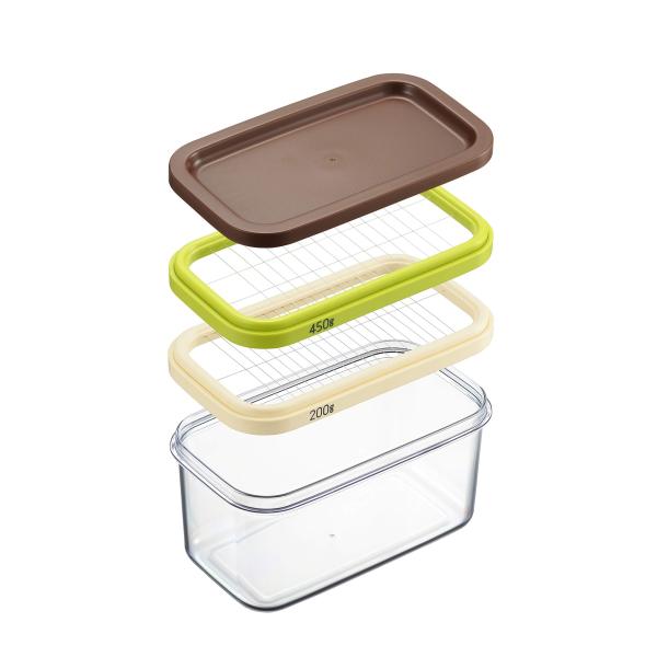 【商品概要】サイズ:16.5×9.5×10.2cm450gの大容量バター用、200gの家庭用バター用、それぞれ専用のワイヤーカッター付き常温に戻したバターをワイヤープレートに乗せてギュッとひと押し、あっという間に切れてるバターに大変身!フタ...