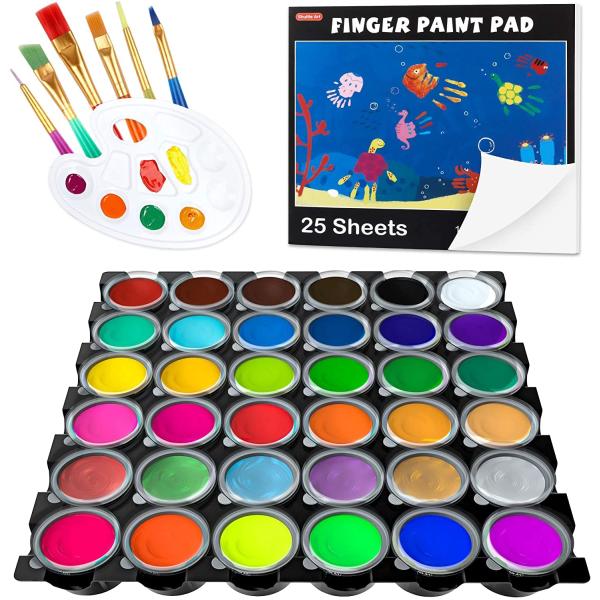 【商品概要】??【36色絵の具セット】36色を揃った指絵の具セットで（クラシック24色、ネオン6色、メタリック6色）、大きいサイズの落書き帳（25ページ、280ｍｍ×305ｍｍ）*1、ペイントブラシ*6とパレット*1から構成され、届いたらす...