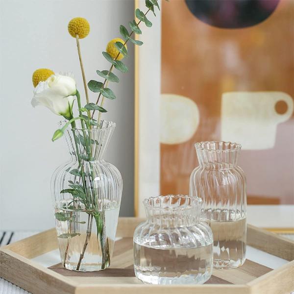 【商品概要】北欧風デザインのガラスベース:透明感のあるガラスとシンプルなフォルムで、置くだけで北欧インテリアに馴染みます。リビングや玄関、寝室など幅広い空間に調和します。3個セットで自由なアレンジ:3種類のサイズのフラワーベースが3つセット...