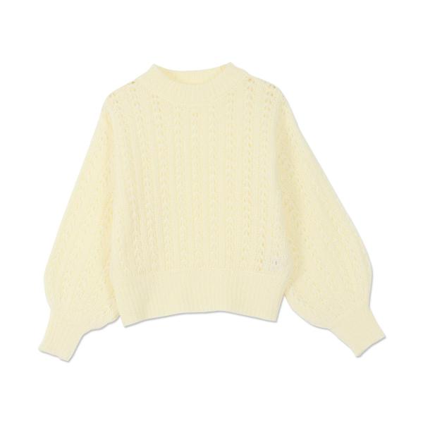 【商品概要】ふんわり起毛感のある素材感が可愛い透かし編みニット。暖かみのあるニット素材を使用しているので、透かし編みデザインでも暖かく着て頂けます。ボリューミーな袖のシルエットが、トレンドライクで、フェミニン度も上げてくれて、1枚でサマにな...