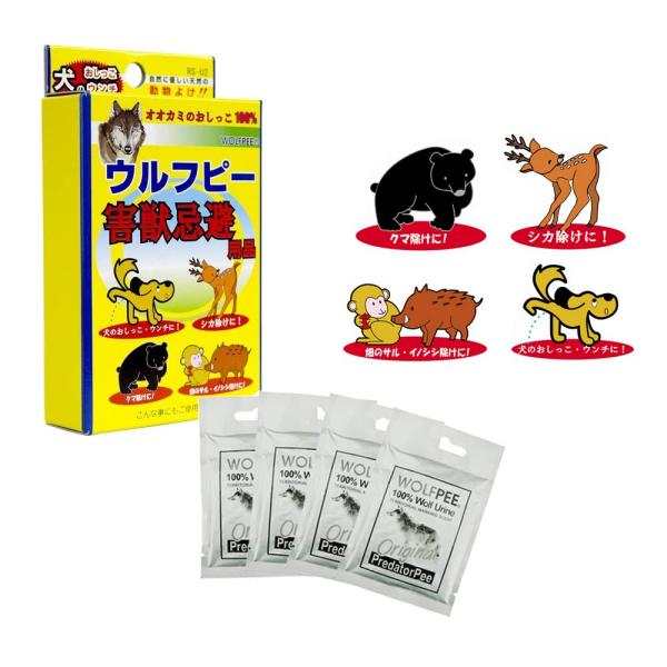 【商品概要】【究極の動物よけ】●ウルフピーは狼の尿を採取した、100％天然の害獣除けです●ウルフピーはシカ、クマ、イノシシ、野犬などの天敵であるオオカミの尿100％の動物除けリキッドです●野生の動物はテリトリーにマーキングして互いの存在を知...