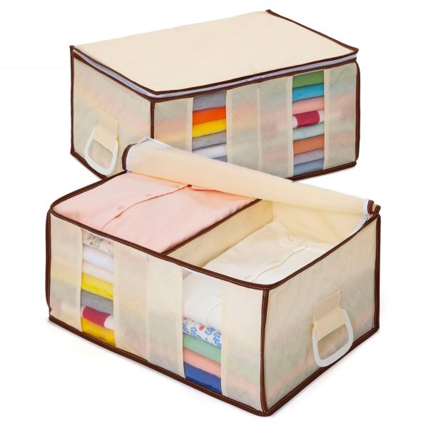 【商品概要】【商品仕様】:本体サイズ/約幅48×奥行35×高さ25cm、内容/2枚組、カラー/ベージュ、材質/ポリプロピレン・ポリエチレン、収納目安/長袖シャツなら約24~28枚・セーターやトレーナーなら約6~8枚【大切な衣類をスッキリ収納...