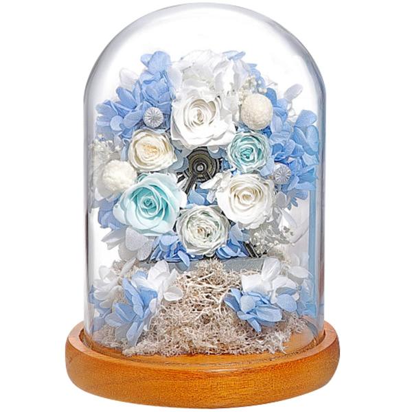 【商品概要】本体サイズ/直径13.5cm×高さ19cmギフトボックスサイズ/幅18cm×奥行き14.5cm×高さ22.5cm材質/花：プリザーブドフラワー　台座：木製　花/バラ、あじさい、かすみ草、ビリーボタン、ポピー、モス　天然素材のため...