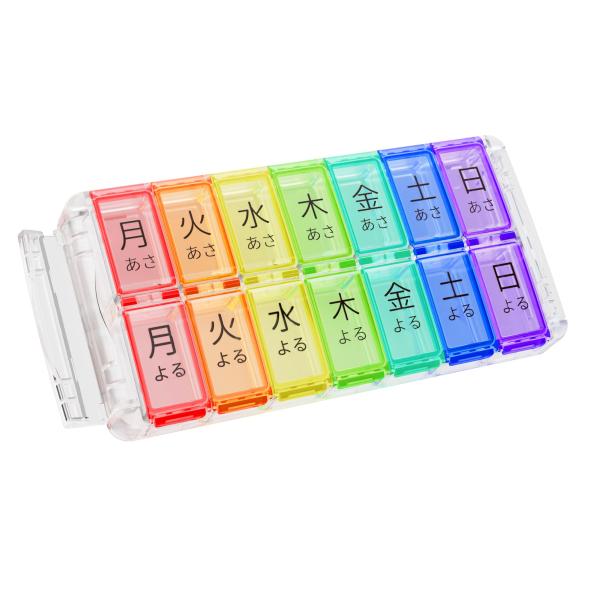 【商品概要】??【商品仕様】サイズ：21.2 x 9.3 x 3cm。重さ：176g。??【一気に補充】両側のバックルを開けると、一気に補充できます。一々蓋を開ける手間がなくなり、便利で早いです。??【1週間 1日2回】カラフルな色でいつ薬...