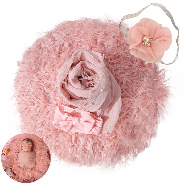 【商品概要】ご自宅でも可愛い写真を撮りたい！！を叶えてくれる撮影小物4点セット（ブランケット・お包み・ヘアバンド・カチューシャ）です。柔らかい素材のおくるみで包んであげて、カチューシャを付けたらブランケットに優しく寝かせてあげるととても可愛...