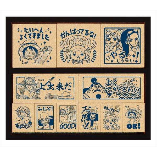 【商品概要】ワンピースのメッセージ付きスタンプが11個も入ったセット。3種類のサイズです。側面にプリント入りの木製収納BOXに入ったスタンプ。持っているだけでも楽しめます。【捺印サイズ・入数】30×30mm/3個、20×45mm/2個、20...
