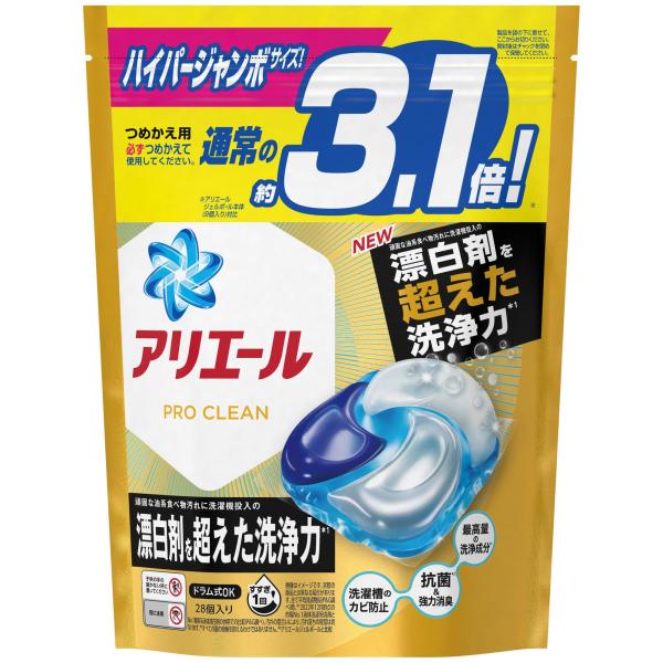 【商品概要】ジェルボール型洗剤【商品説明】【商品詳細】ブランド：アリエール商品種別：ドラッグストア商品名：アリエール 洗濯洗剤 ジェルボール4D プロクリーン 詰め替え ハイパージャンボ 28個製造元：P&amp;G商品番号：4987176...