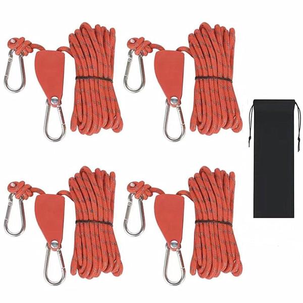 【商品概要】【ロープサイズ】セット内容：4mm/6mm×4M/5Mのロープ ×4本 カラビナｘ4個、調整器ｘ4個、収納袋×1枚【様々なアウトドアシーンで活躍】テント、タープの設営の自在ロープとしてはもちろん、車内のキャンプ道具の固定やカート...