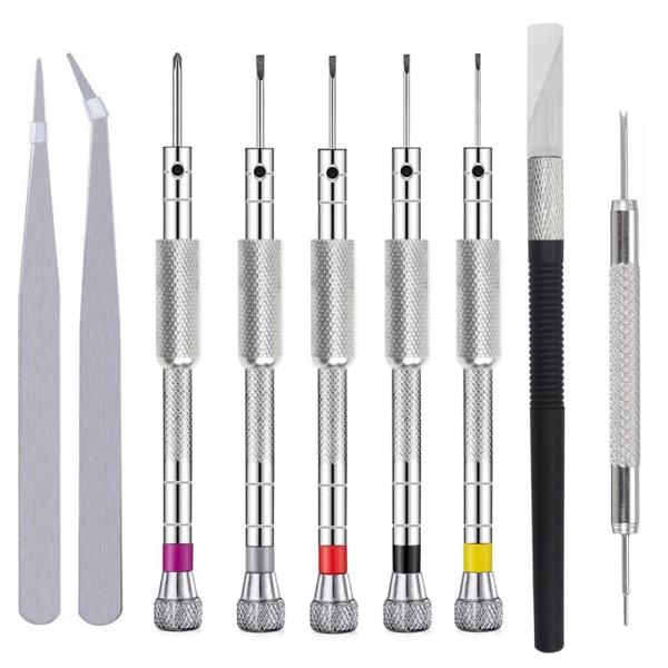 【商品概要】セット内容：精密ドライバー5種＋精密ピンセット2種＋バネ棒はずし＋カービングナイフサイズ：時計職人ドライバー5種類の異なるサイズ（0.8 mm、1.0 mm、1.2 mm、1.4 mm、1.6 mm）異なるサイズは異なる色に対応...