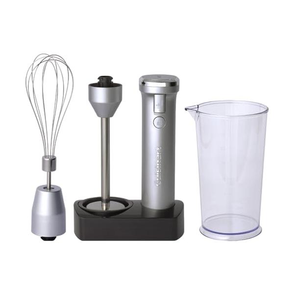 【商品概要】サイズ:幅6×奥行6.5×高さ37.5cm本体重量:530gアタッチメントを替えるだけで、「つぶす」「混ぜる」「泡立てる」「かき混ぜる」が全部できる！スタンドに置くだけで充電・収納充電時間:約1時間45分、使用可能時間(満充電時...