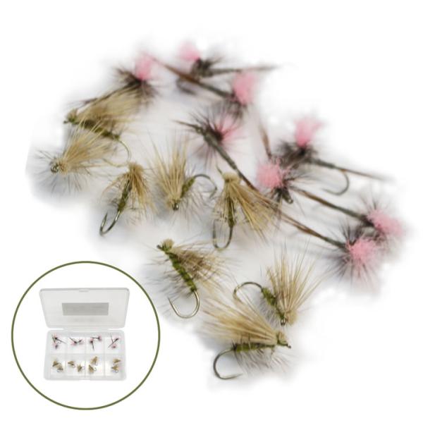 [商品情報]ド定番のドライフライセット（合計16本）どちらも良く浮き、状況問わず良く釣れるオールマイティーフライで、フロータントも種類を選びません。宮城県在中のプロタイヤー「中村常人」氏に依頼し製作。頑丈さと可視性に重点をおき、よほど乱暴に...