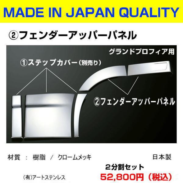 フェンダーアッパーパネル　グランドプロフィア　２分割　左右セット注：(1)ステップカバーは別売り【適合】●日野大型グランドプロフィア/エアループプロフィア(H15.11〜　)材質：ABS樹脂　クロームメッキ(有)アートステンレス製