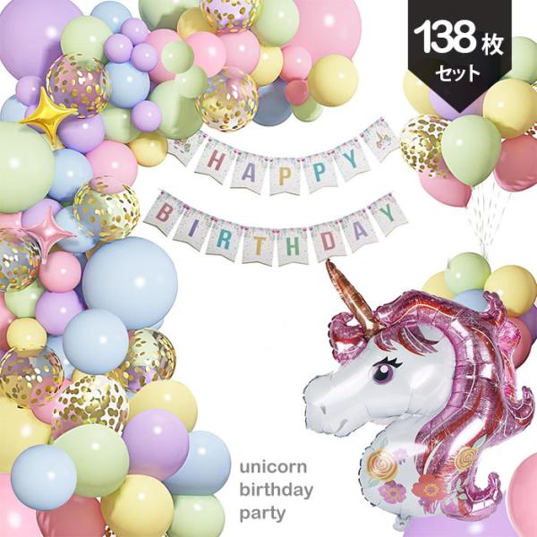 サイズ ユニコーン（105cm×85cm）×1スター（20cm ゴールド、ピンク）×各1HAPPY BIRTHDAYレターバナー×1セット18インチバルーン・ミントグリーン×1・パープル×1・ピンク×1・ブルー×1・イエロー×112インチバ...