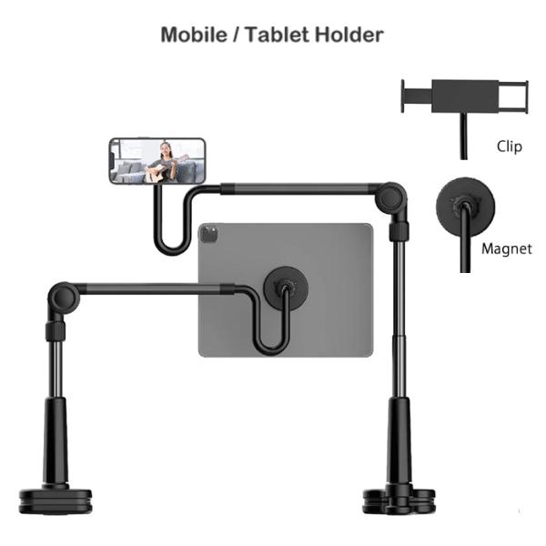 フレキシブルアームスタンドスマホやタブレットを固定するホルダーはマグネットとクリップの2タイプから選べます動画撮影やゲーム、ベッドで寝ながらスマホを使用するときに便利机やベットサイド、カウンターなどに設置できるクランプタイプ折畳みで移動も設...