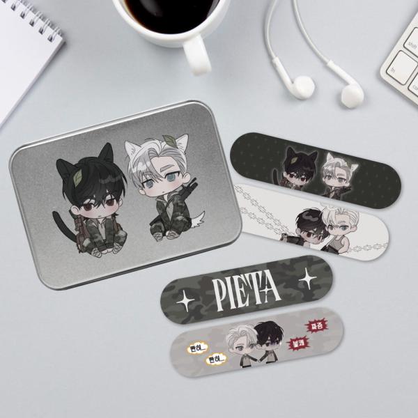 人気ウェブまんが『Pieta：ピエタ』絆創膏 パッケージ韓国 公式グッズ■ 構　成：ティンケース1種+絆創膏4種■ 材　質：STEEL他■ サイズ：画像参照■ 製造社：ヘダムイエンティ■ 製造社：韓国