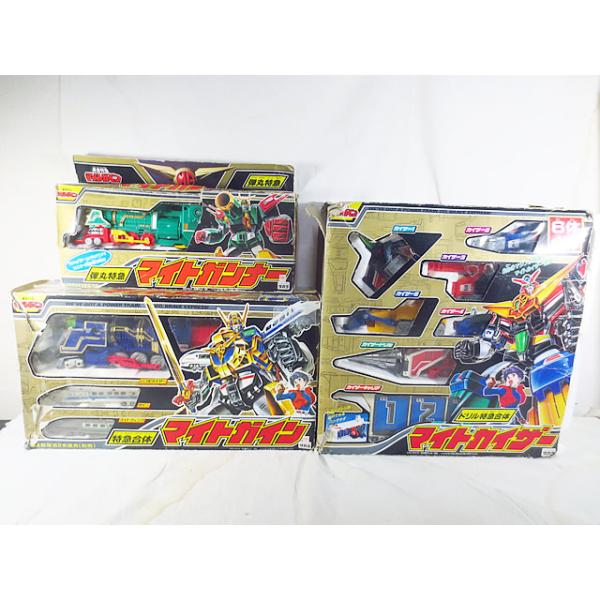 状態　マイトガイン　小傷等はございますが全体的にきれいだと思います。付属品揃っていますが、電池蓋、説明書欠品になります。箱に痛み、破れがございます。　　　マイトカイザー　小傷、ウィングに色あせがございますが全体的にきれいだと思います。付属品...