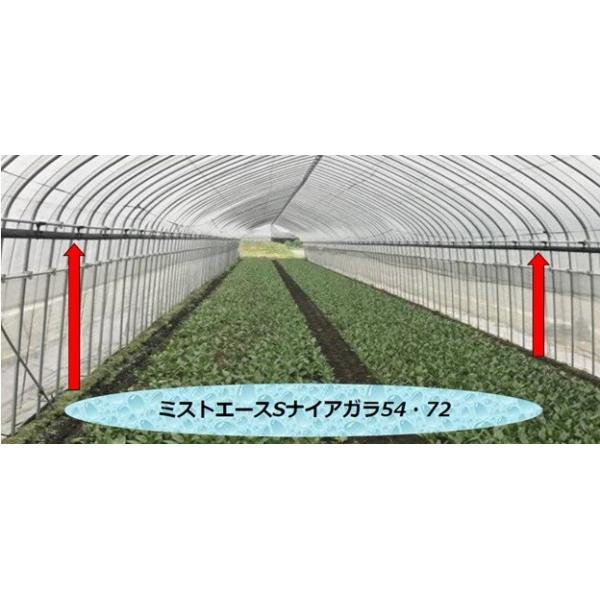 ミストエースＳナイアガラ54は、間口5.0〜5.4ｍ間口のハウスで、高さ1.2ｍ〜1.4ｍの高さに設置します。ミストエースＳナイアガラ72は、間口7.0〜7.2ｍ間口のハウスで、高さ1.5ｍ〜1.7ｍの高さに設置します。特殊ポリエチレンと両...