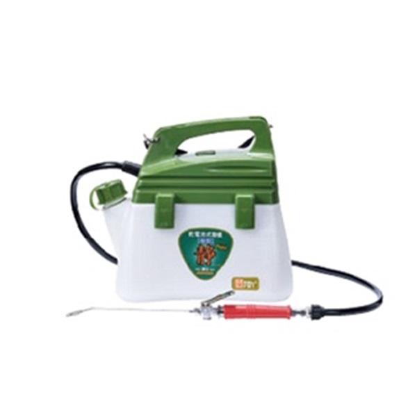 乾電池式のホルモン専用噴霧器。単一アルカリ乾電池4本使用（別売）型式　DP-5質量　2.3ｋｇ溶液量　5Ｌ最高圧力　0.3Mpa肩掛けタイプ