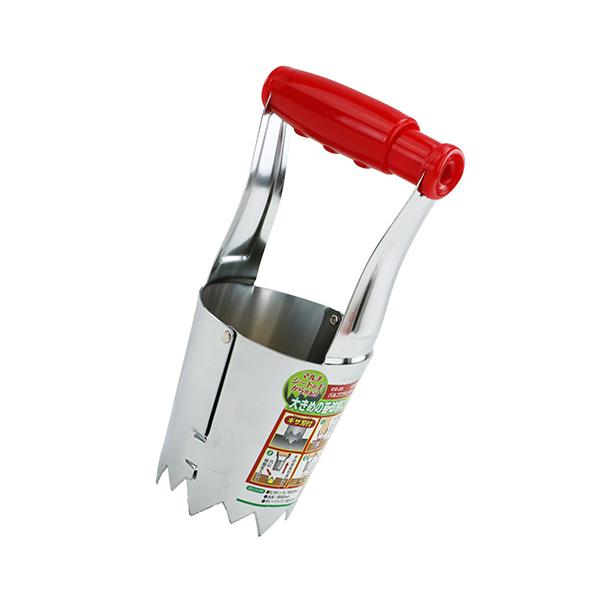 球根を植えつける穴を効率よく地面に開けるスチール製の専用ツールです。先端にギザを付ける事でマルチシートの上から使用する事が可能です。●直径：80mm●ギザ刃付●メモリ付●本体：鉄●ハンドル：PVCメーカー：藤原産業（株）