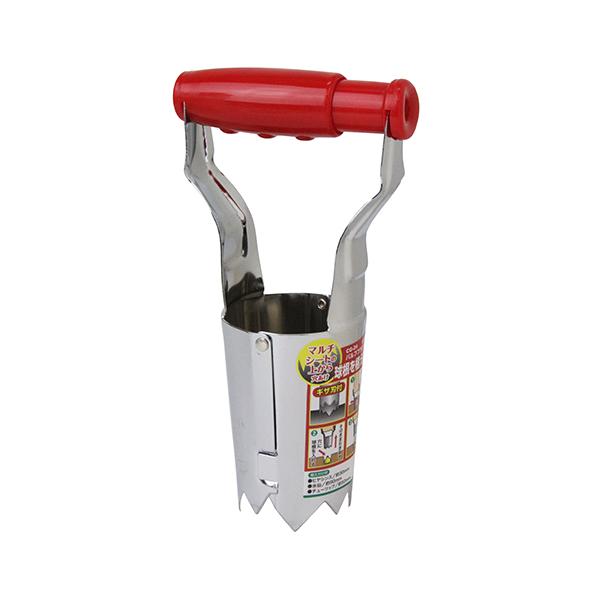 球根を植えつける穴を効率よく地面に開けるスチール製の専用ツールです。先端にギザを付ける事でマルチシートの上から使用する事が可能です。●サイズ：幅約125×高さ約235×奥行約77mm●ギザ刃付●メモリ付●本体：鉄●グリップ：PVCメーカー：...