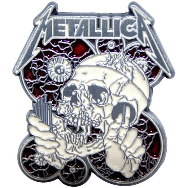 METALLICA メタル(金属)ピンバッジです素材:亜鉛合金/ソフトエナメル裏面1点留め縦35mm 横30mm