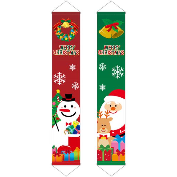 商品名：ドアバナー MERRY CHRISTMAS 雪だるまとサンタ （赤緑） No.19231サイズ：W330×H1800mm素材：ポリエステル生地（ポンジ）仕立て：上下棒袋、左右ヒートカット付属品：パイプ2本、紐2本
