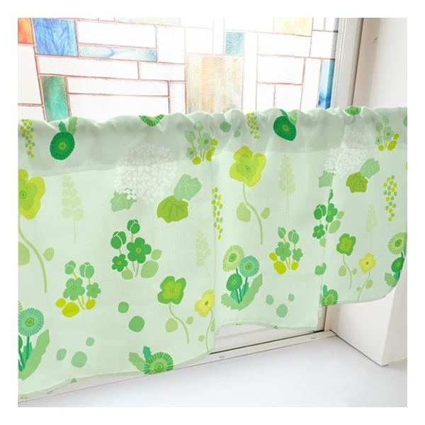 商品名：カフェカーテン 野花と紫陽花 緑 (幅800×高さ450mm) No.40432サイズ：W800×H450mm素材：ポリエステル生地 (ポンジ)仕立て：上部棒袋、三方三巻縫製